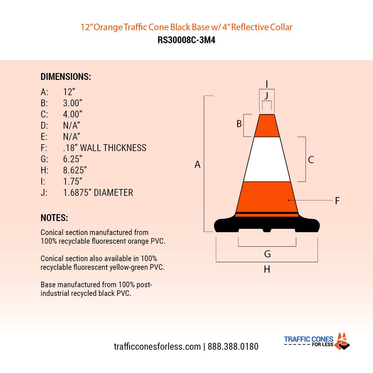 JBC 12" Orange 1.8 LB Traffic Cone w/ 4" Reflective Collar
