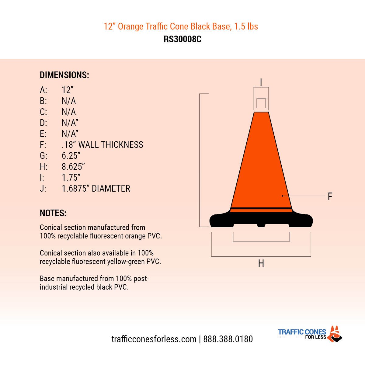 12" Orange Traffic Cone Black Base, 1.5 lbs - Traffic Cones For Less