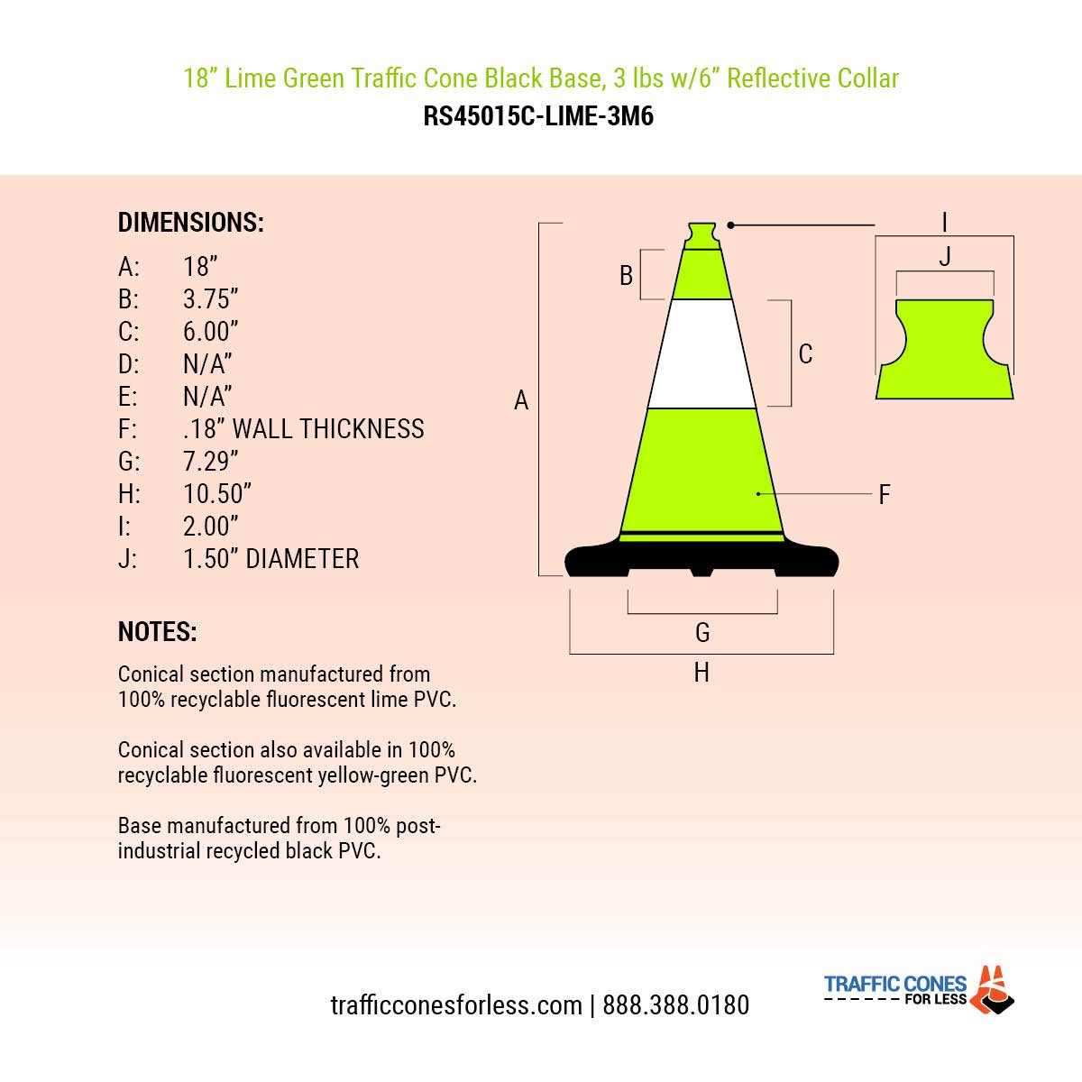 18" Lime Green Traffic Cones with Reflective Collar 6"