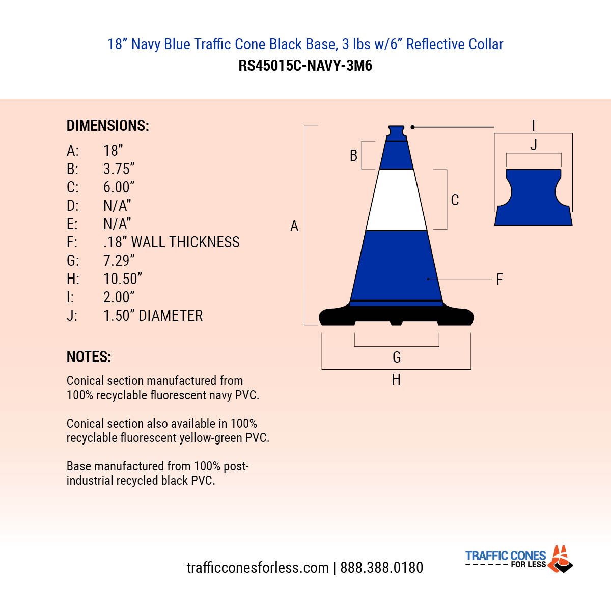 18" Navy Blue Traffic Cone Black Base with Reflective Collar