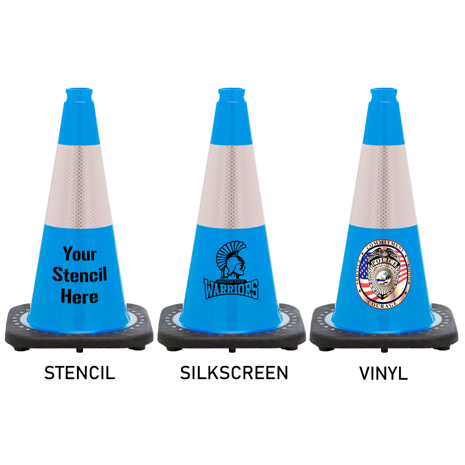 18" Sky Blue Traffic Cone Black Base, 3lbs w/6" Reflective Collar ...