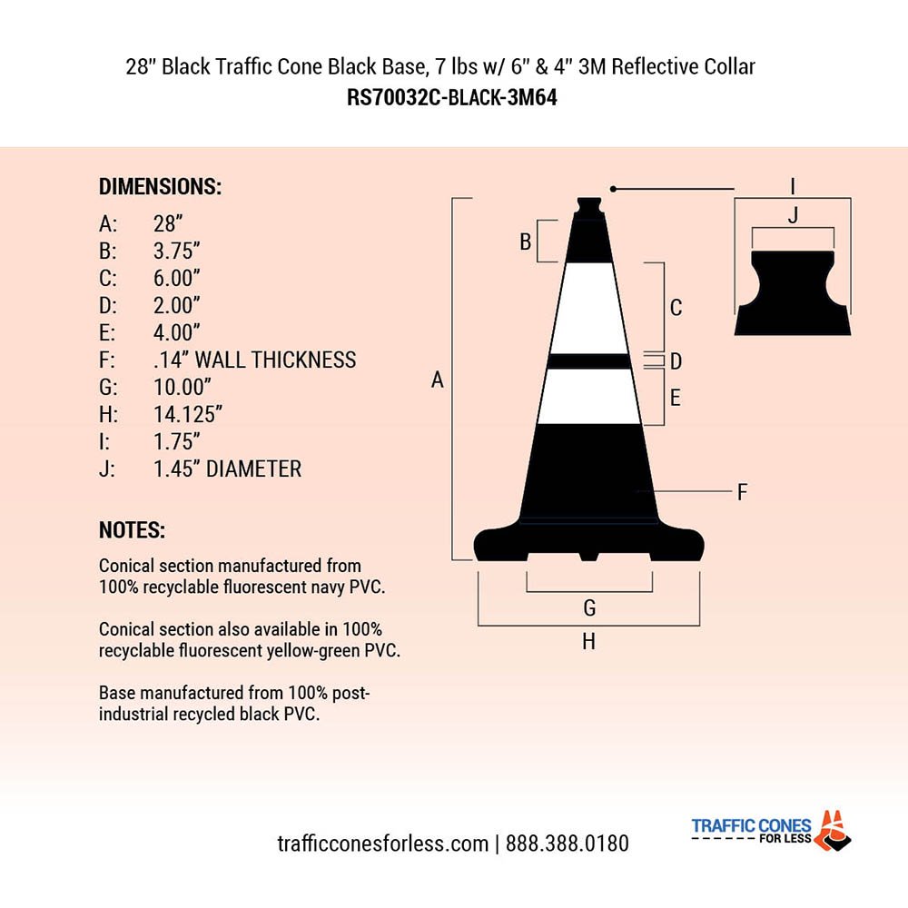 28" Black Traffic Cone w/Reflective Collars & Color Artwork
