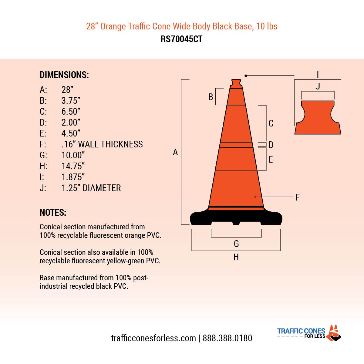 28" Orange Wide Body Traffic Cone, 10lb Black Base