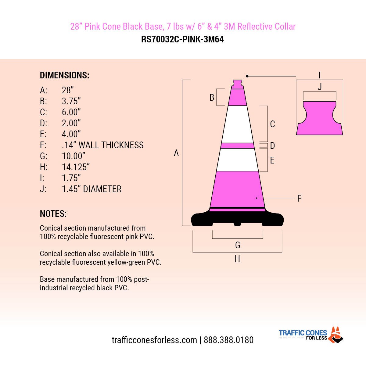 28" Pink Traffic Cone Black Base, 7lbs w/6"&4" 3M Collar
