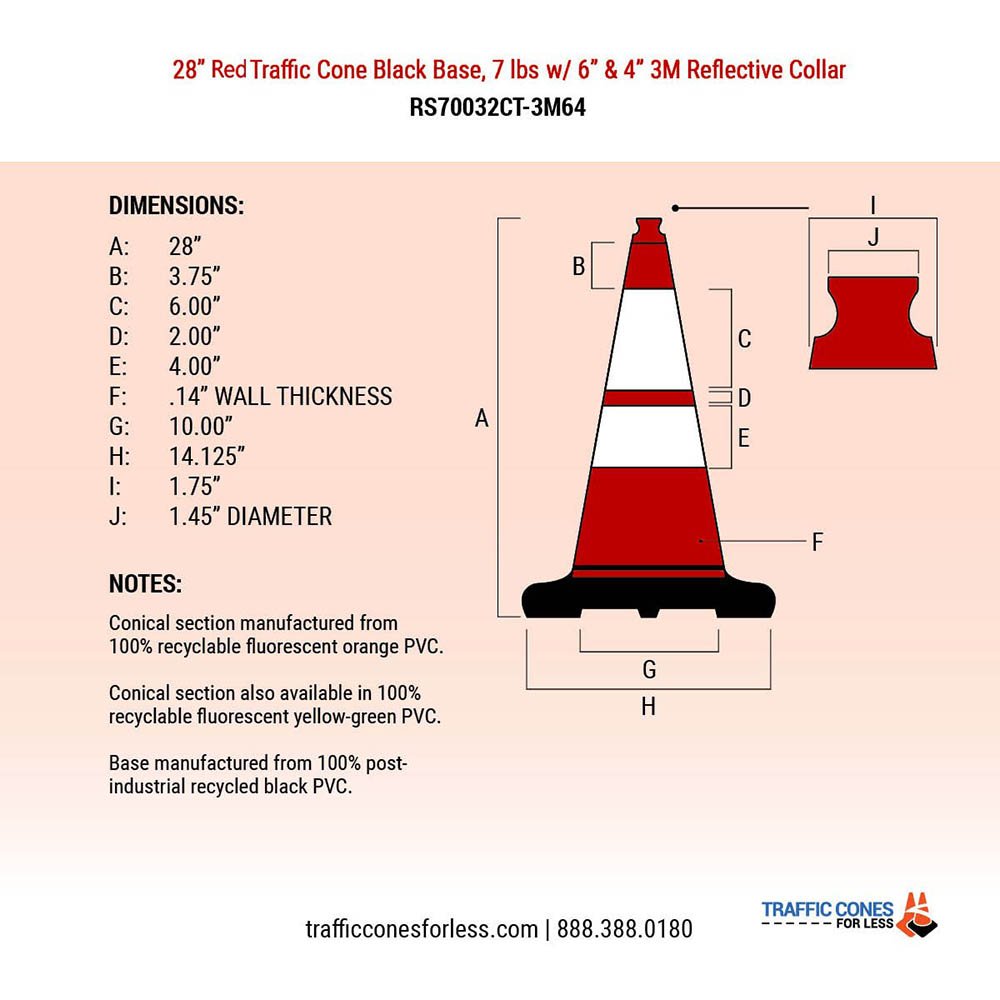 28" Red Traffic Cone, w/Reflective Collars & Color Artwork