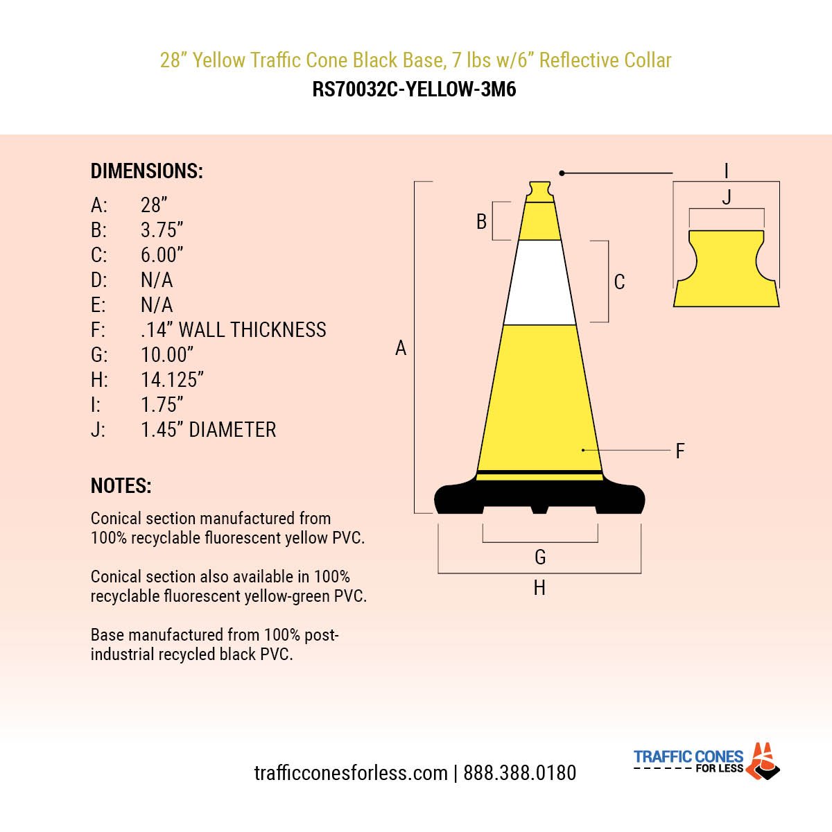 28" Yellow Traffic Cone Black Base, 7lbs w/6" Reflective Collar