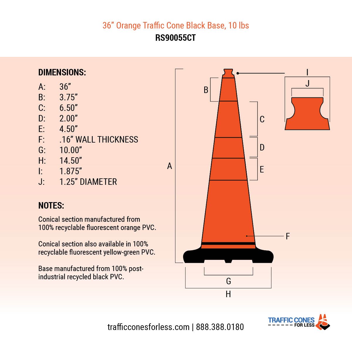 36" Orange Traffic Cone, 10 lb Black Base - Traffic Cones For Less