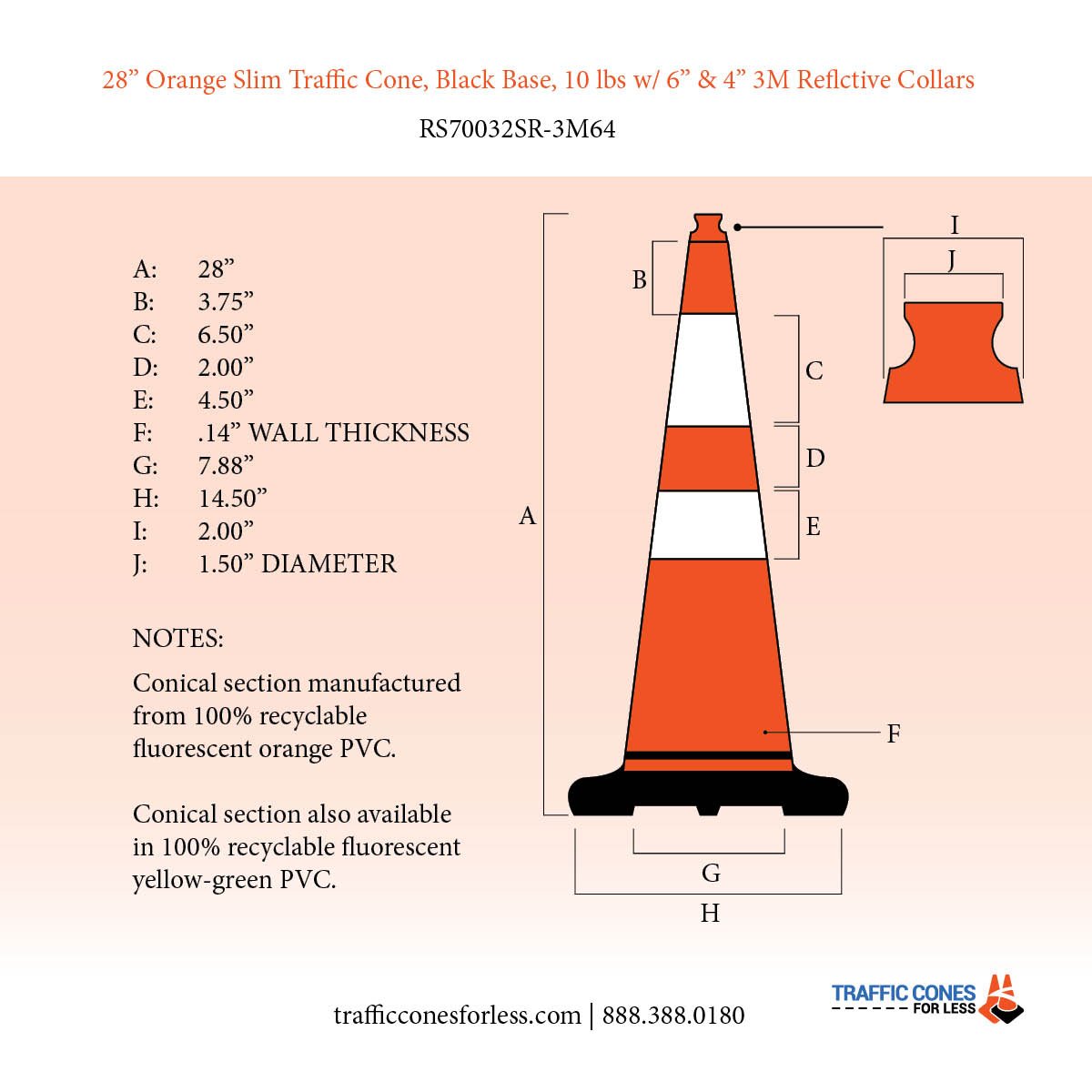 28" Slim Line Orange Traffic Cone and Base w/3M Reflective Collar