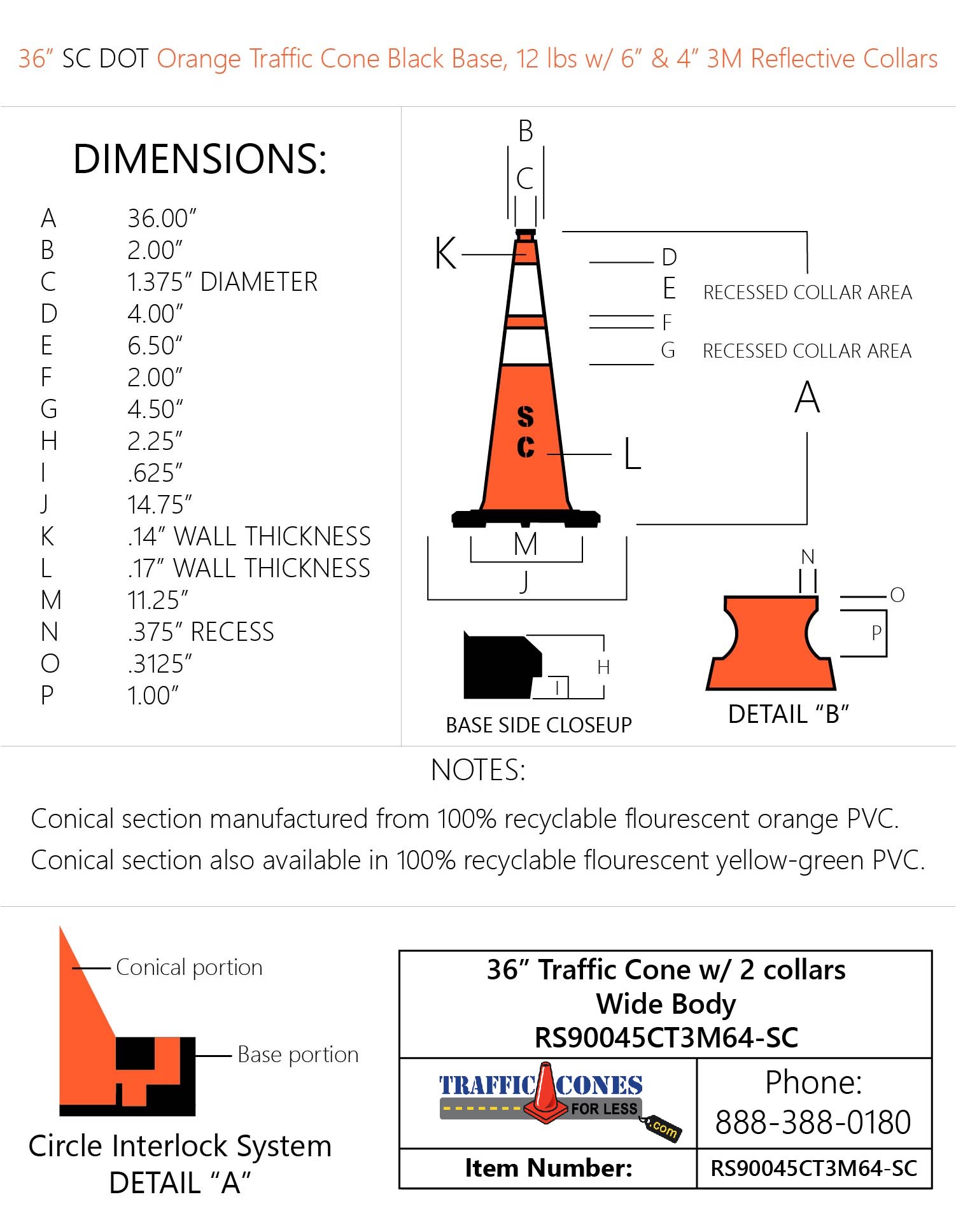 SC DOT 36" 10 LB Wide Body Traffic Cone One 6" & One 4" 3M Reflective ...