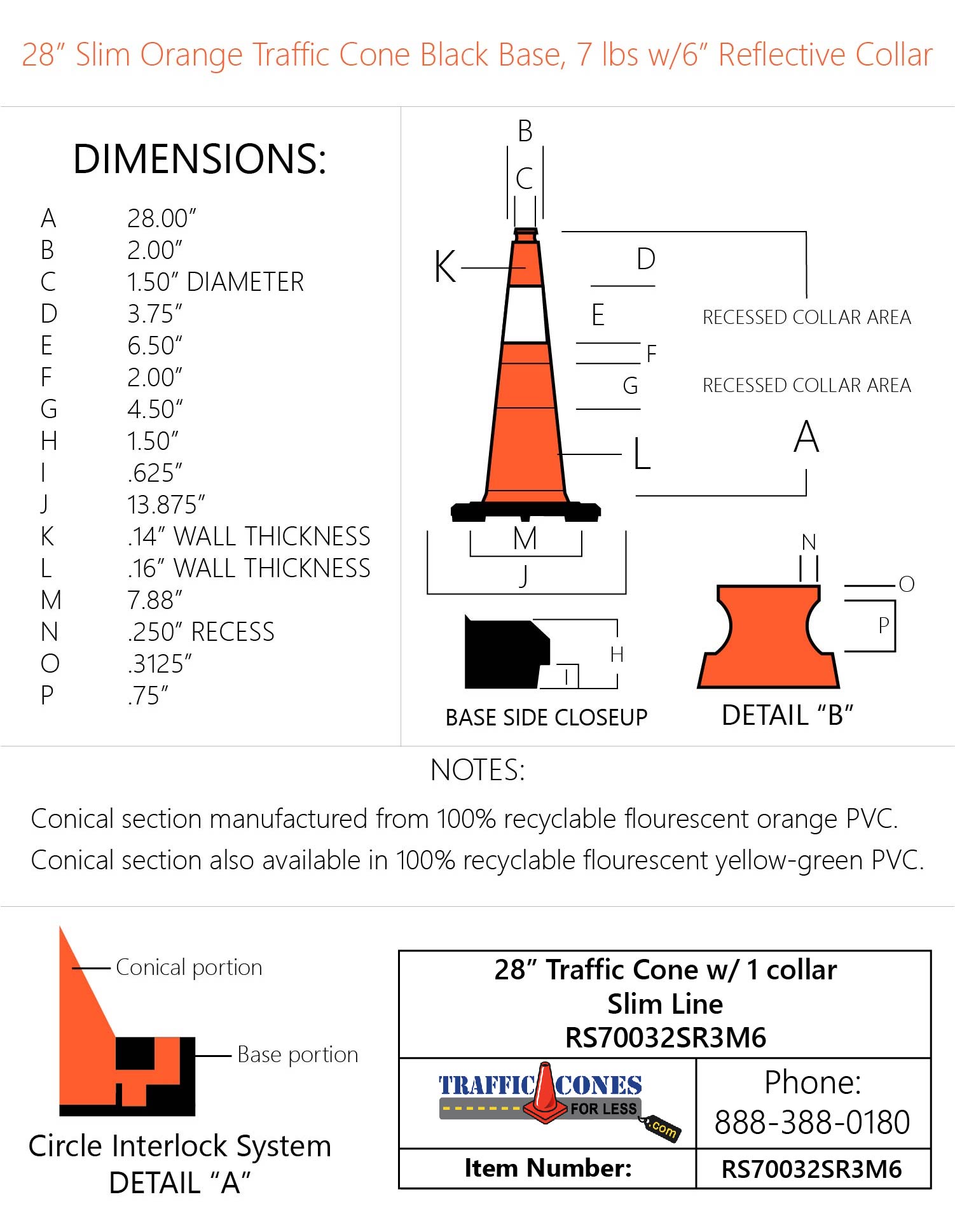 JBC Slimline Cone 28" w/ 6" Reflective Collar - Traffic Cones For Less