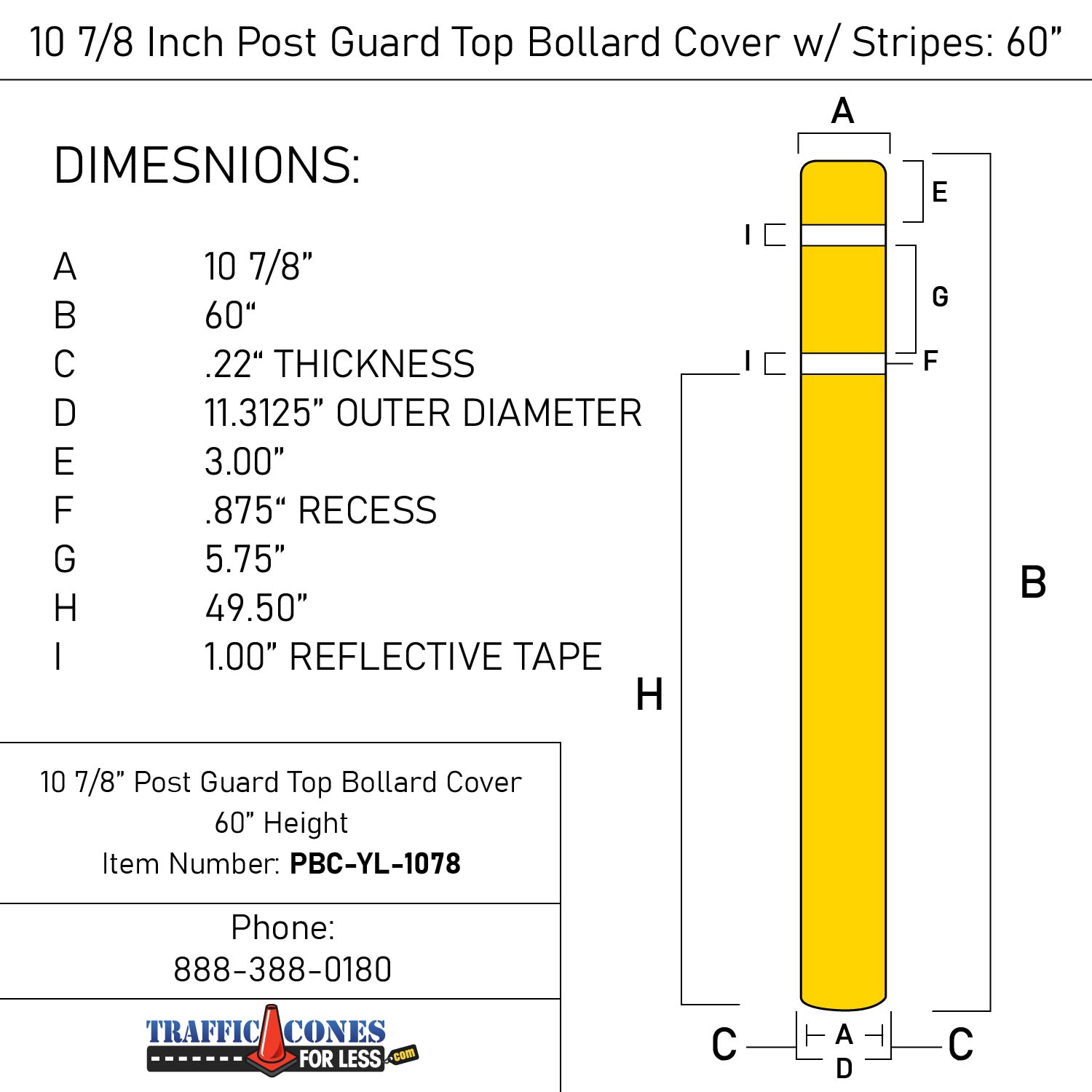 10 7/8 Inch 60" Post Guard Top Bollard Cover with Stripes