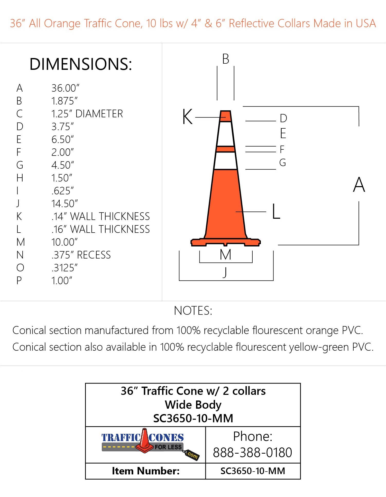36 inch Reflective Orange Cones with 4&6 inch Collars