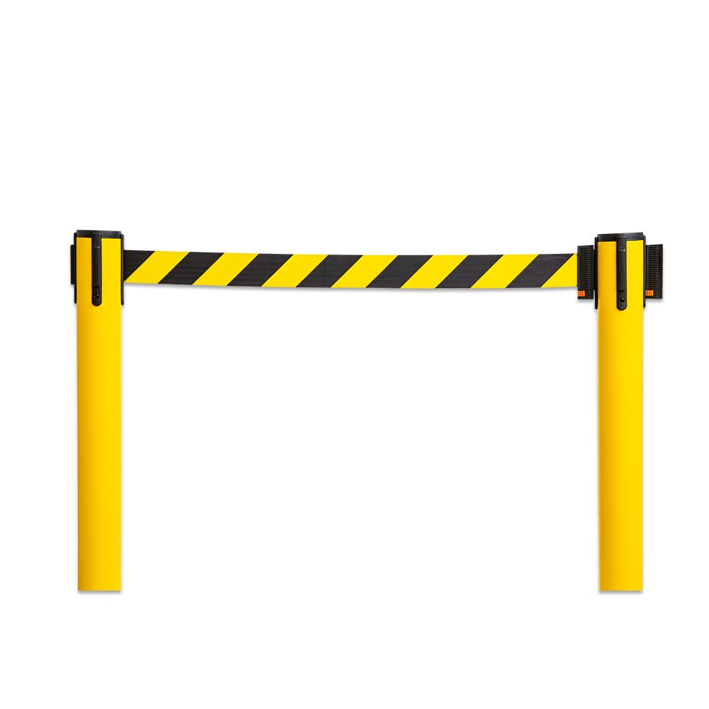 Yellow Outdoor Retractable Barrier Post w/Belt & Rubber Base