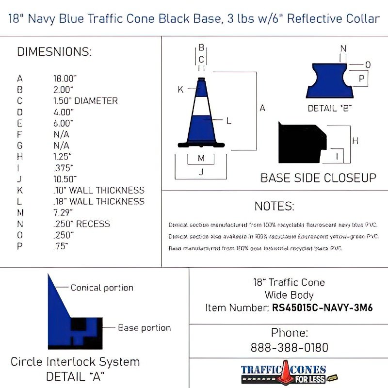 18" Navy Blue Traffic Cone Black Base with Reflective Collar