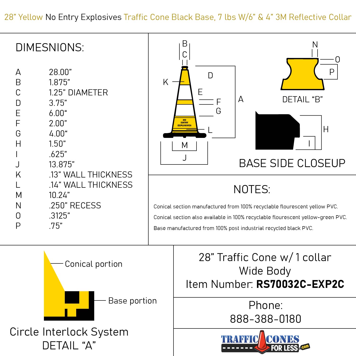 28" Yellow No Entry Explosives Traffic Cone w/Reflective Collar