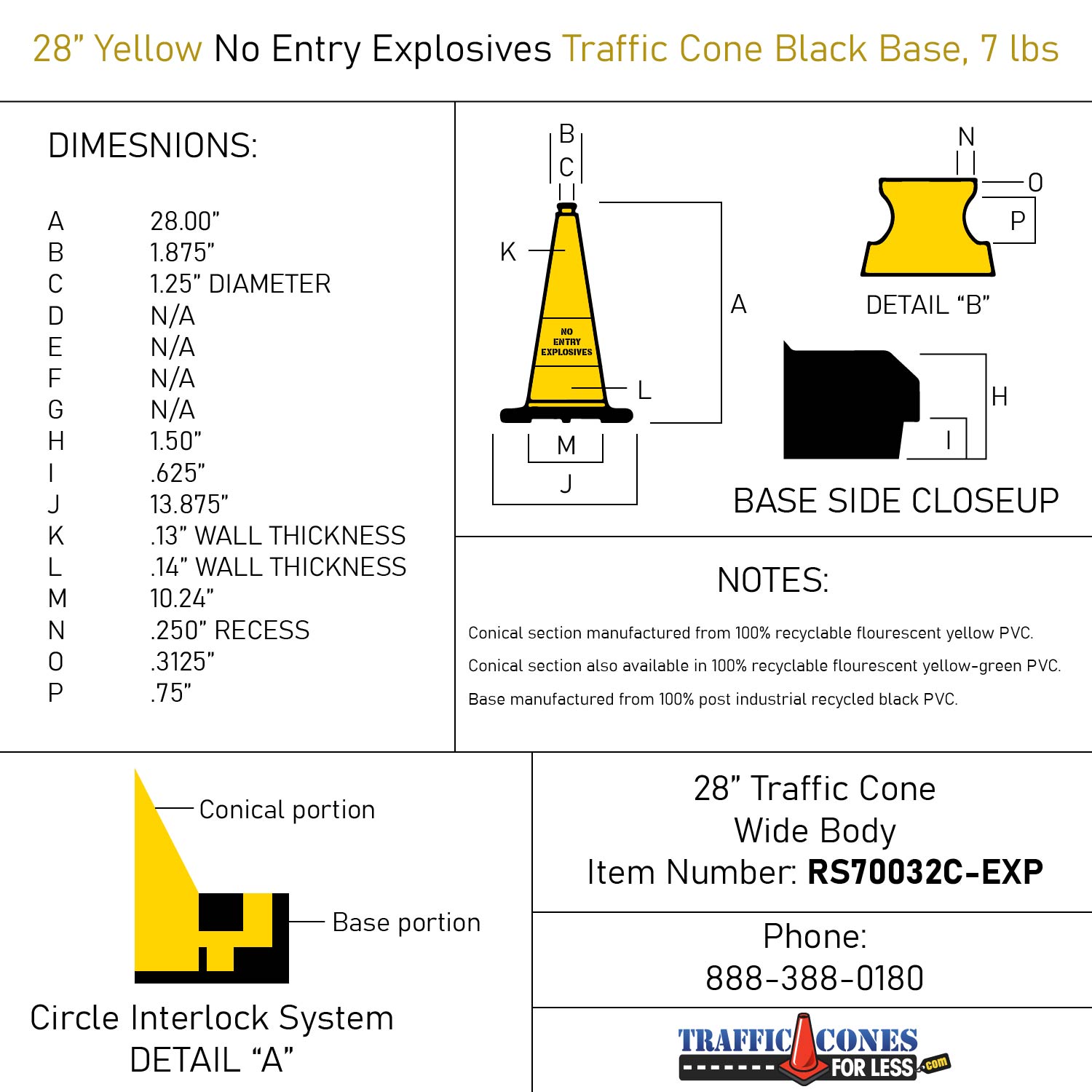 28" Yellow No Entry Explosives Traffic Cone Black Base