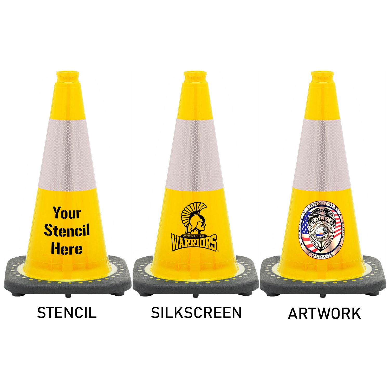 18" Yellow Traffic Cone Black Base, 3lbs w/6" Reflective Collar