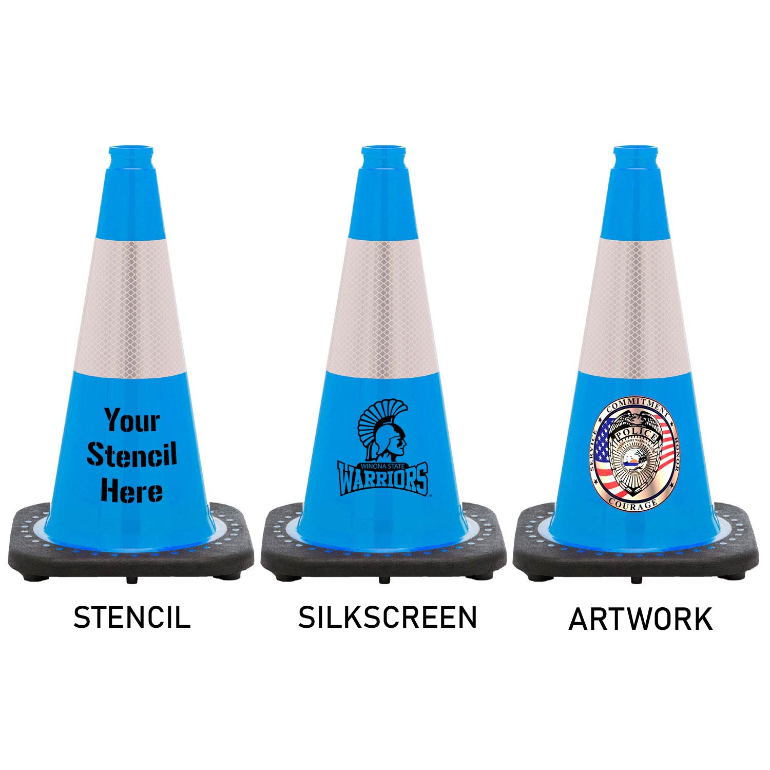 18" Sky Blue Traffic Cone Black Base with Reflective Collar