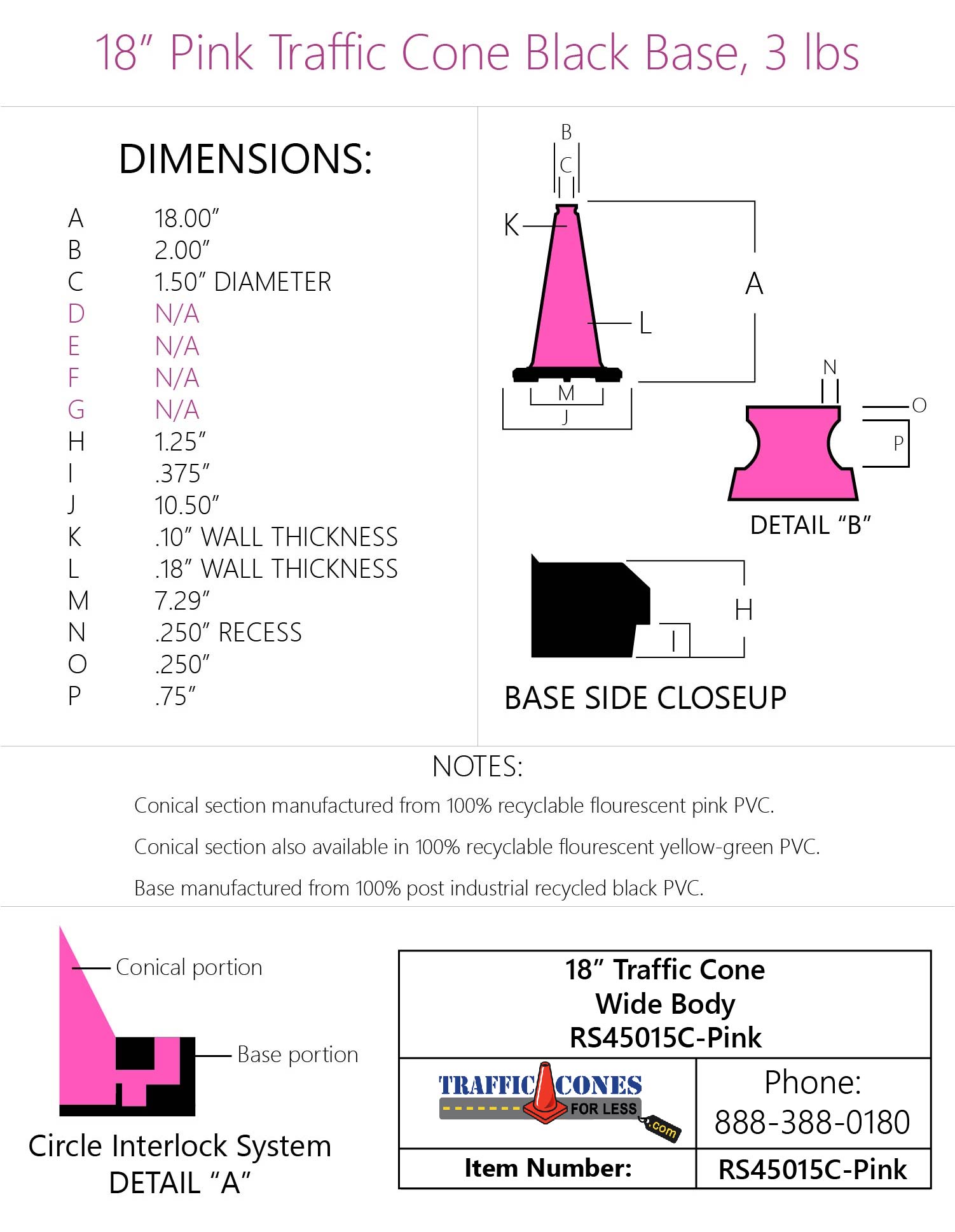 18" Pink Traffic Cone Black Base, 3lbs - Traffic Cones For Less