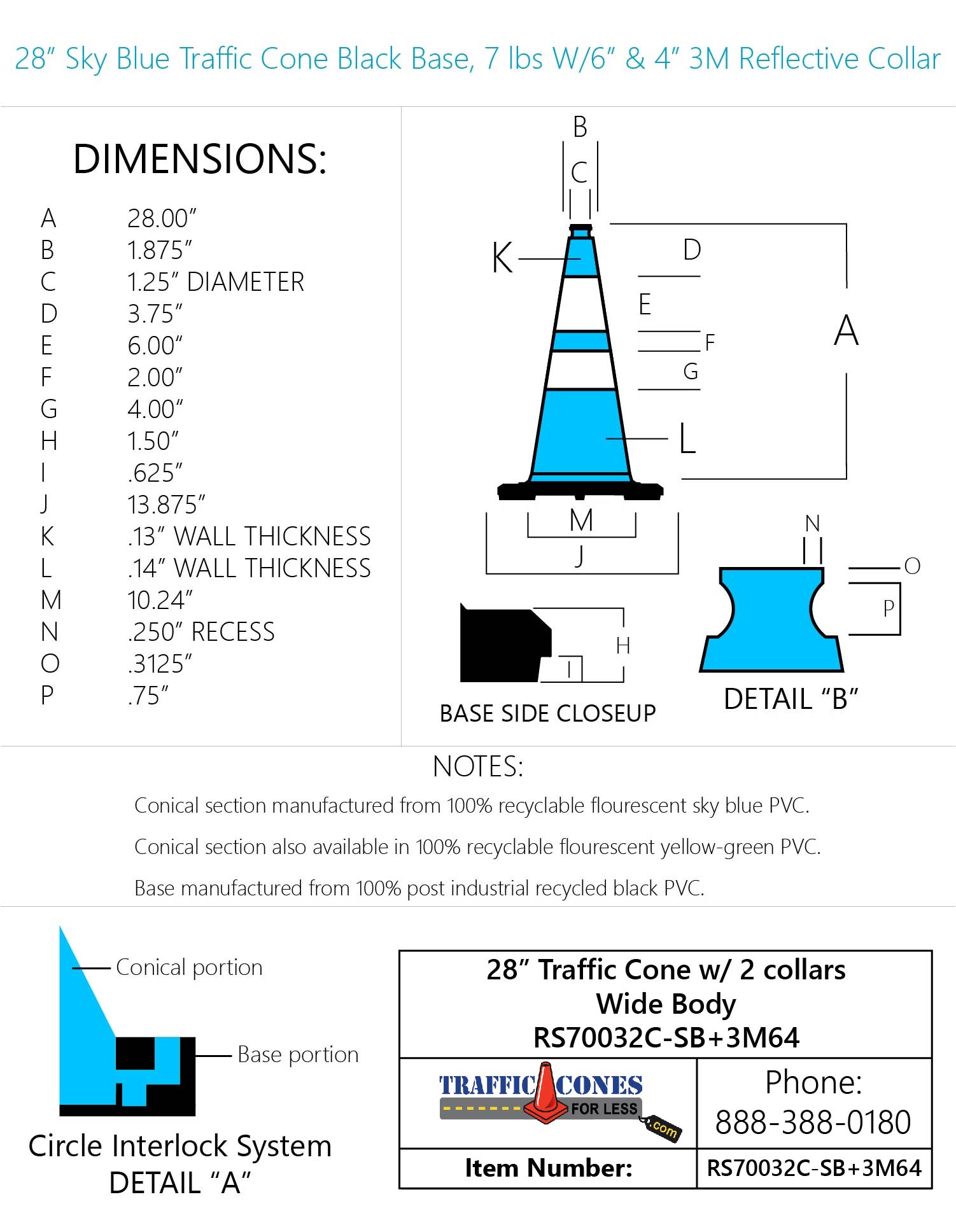 28" Sky Blue Traffic Cone Black Base, 7lbs w/ 6" & 4" 3M Reflective ...