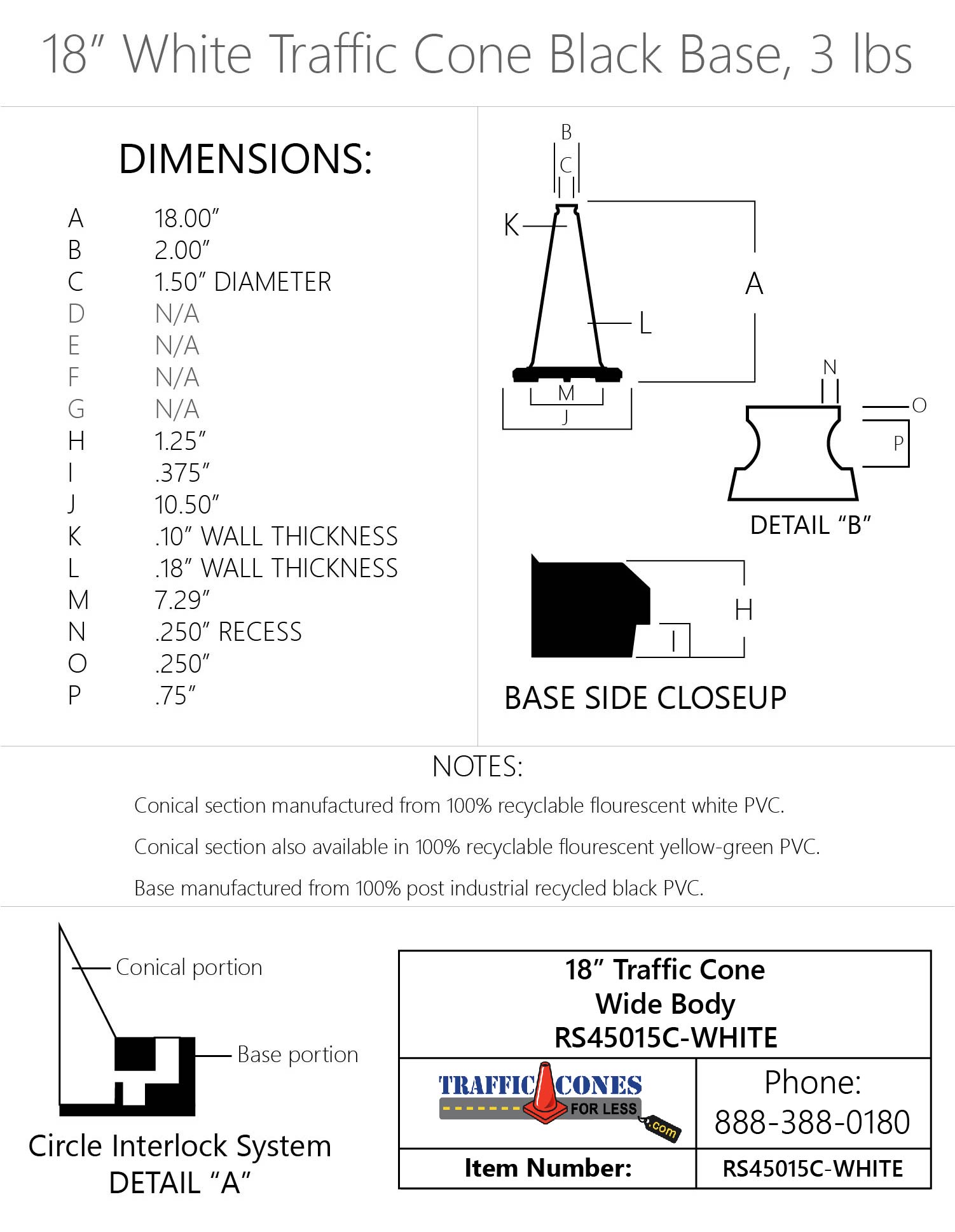 18" White Traffic Cone Black Base, 3lbs - Traffic Cones For Less