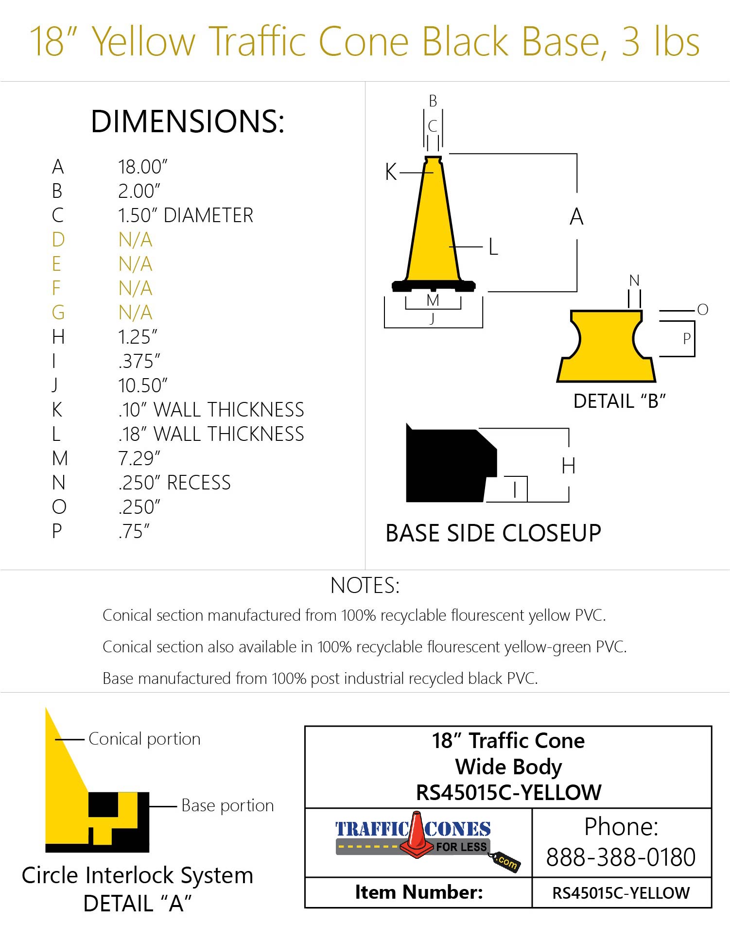 18" Yellow Traffic Cone Black Base, 3lbs - Traffic Cones For Less