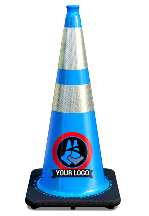 28" Sky Blue Traffic Cone w/Reflective Collars & Color Artwork