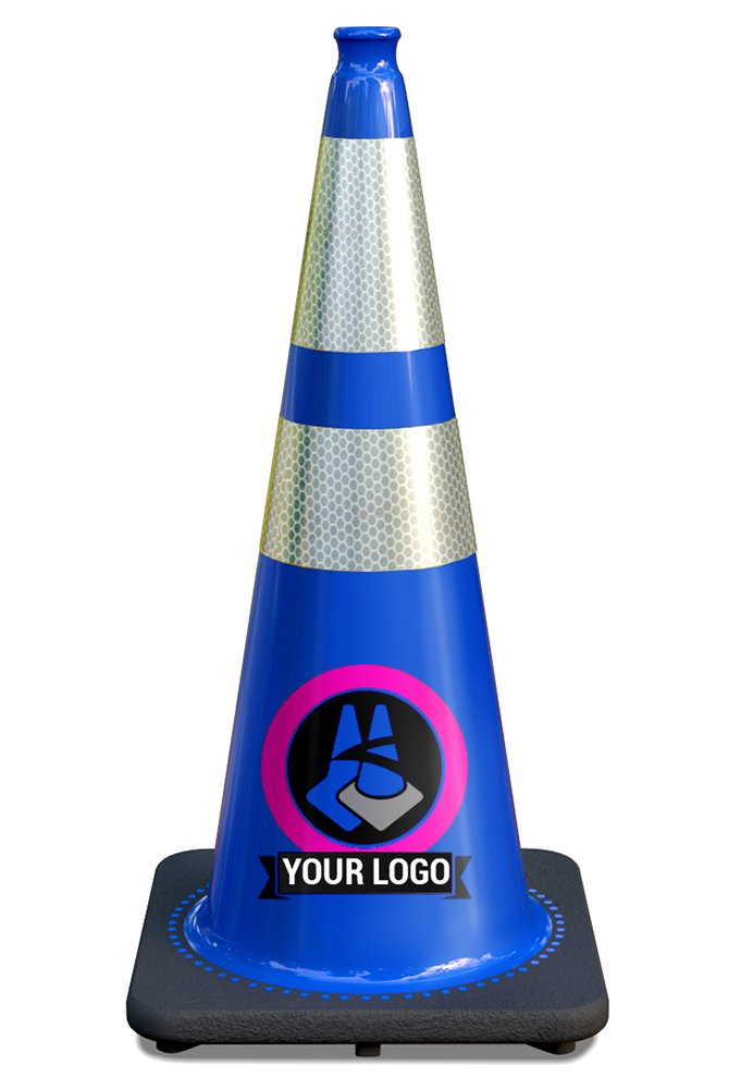 28" Navy Blue Traffic Cone w/Reflective Collars & Color Artwork