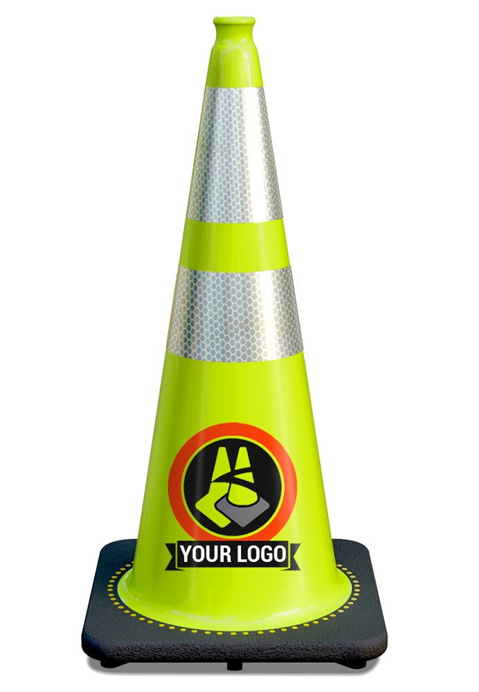 28" Lime Green Traffic Cone, w/Reflective Collars & Color Artwork