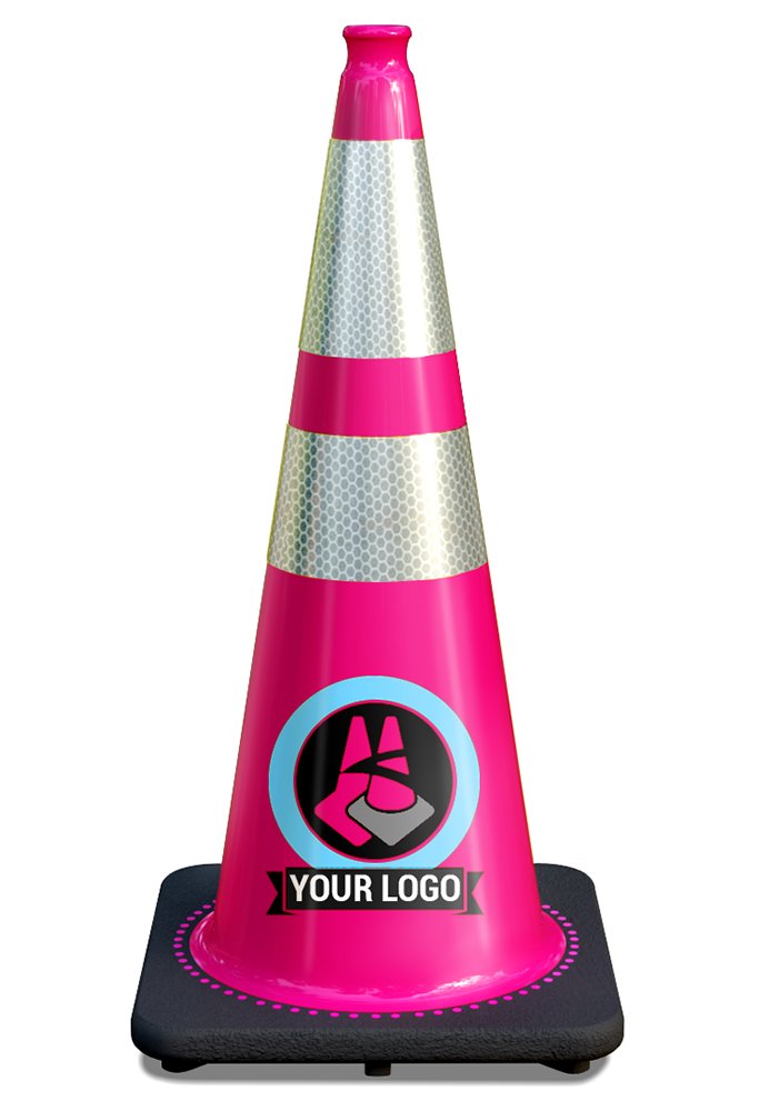 28" Pink Traffic Cone, w/Reflective Collars & Color Artwork