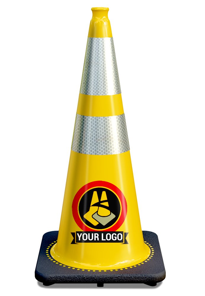 28" Yellow Traffic Cone, w/Reflective Collars & Color Artwork