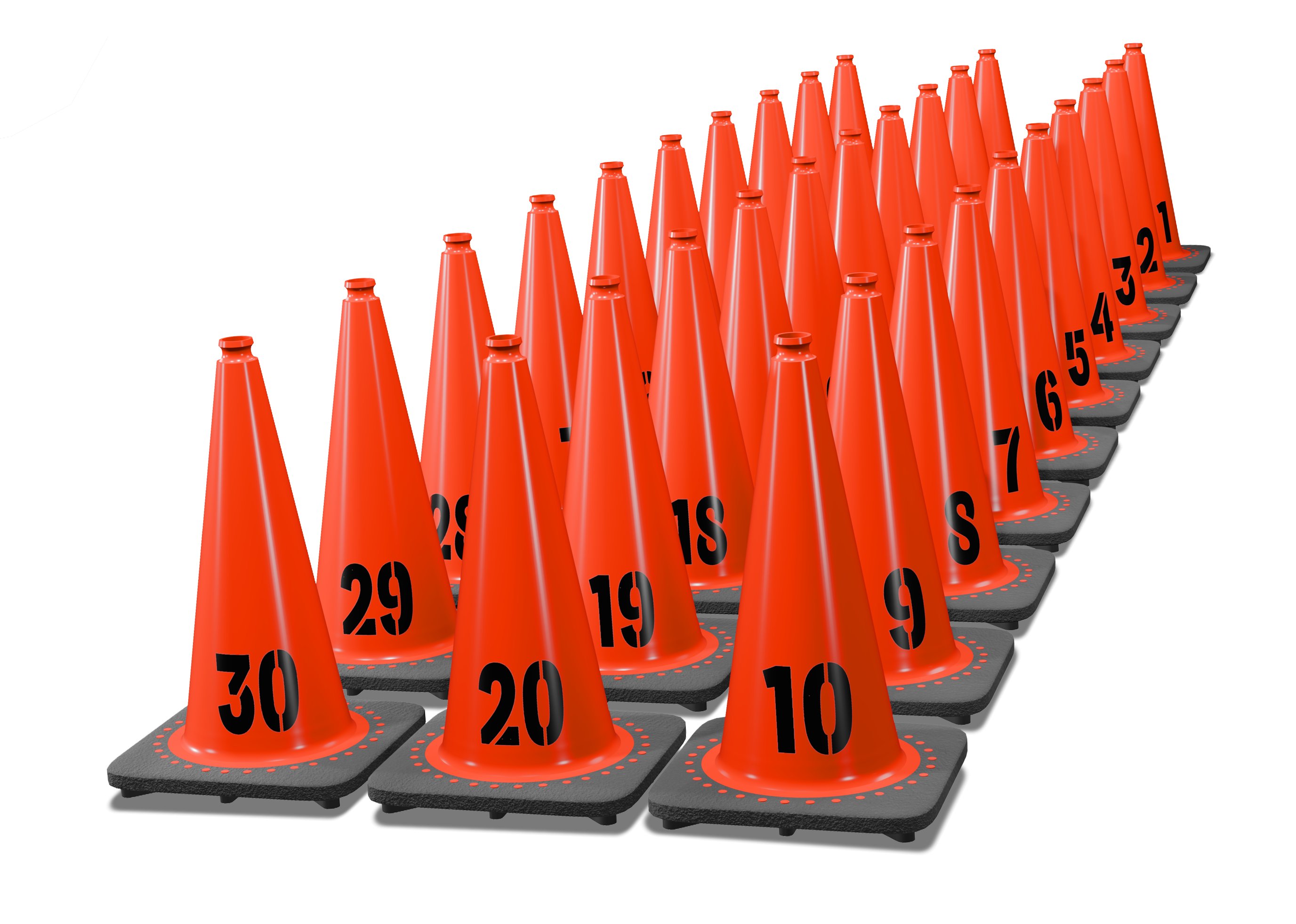18" Orange Traffic Cones Numbered Sequentially, Pack of 30