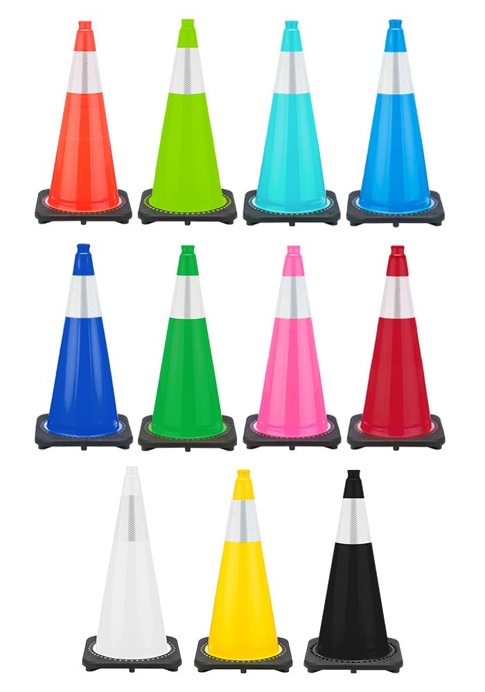 28" Color Traffic Cone w/6" Reflective Collar, 7lb Black Base